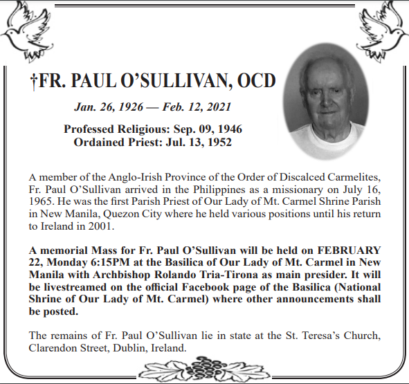 FR. PAUL O’SULLIVAN, OCD - Inquirer Memories